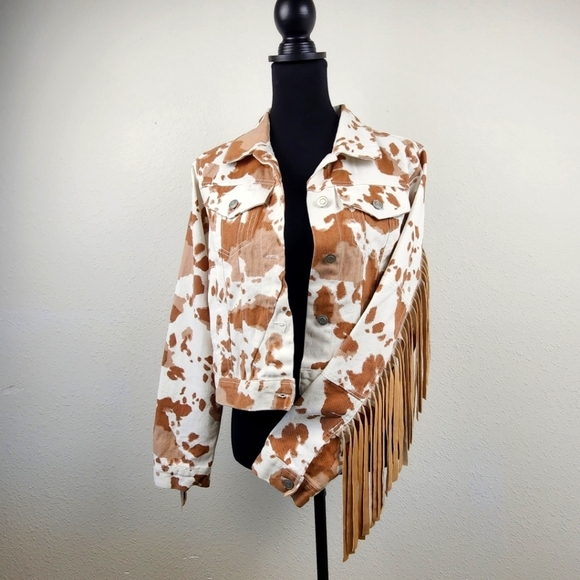Altar'd State | Jackets & Coats | Altard State Cropped Fringe Cow Print ...